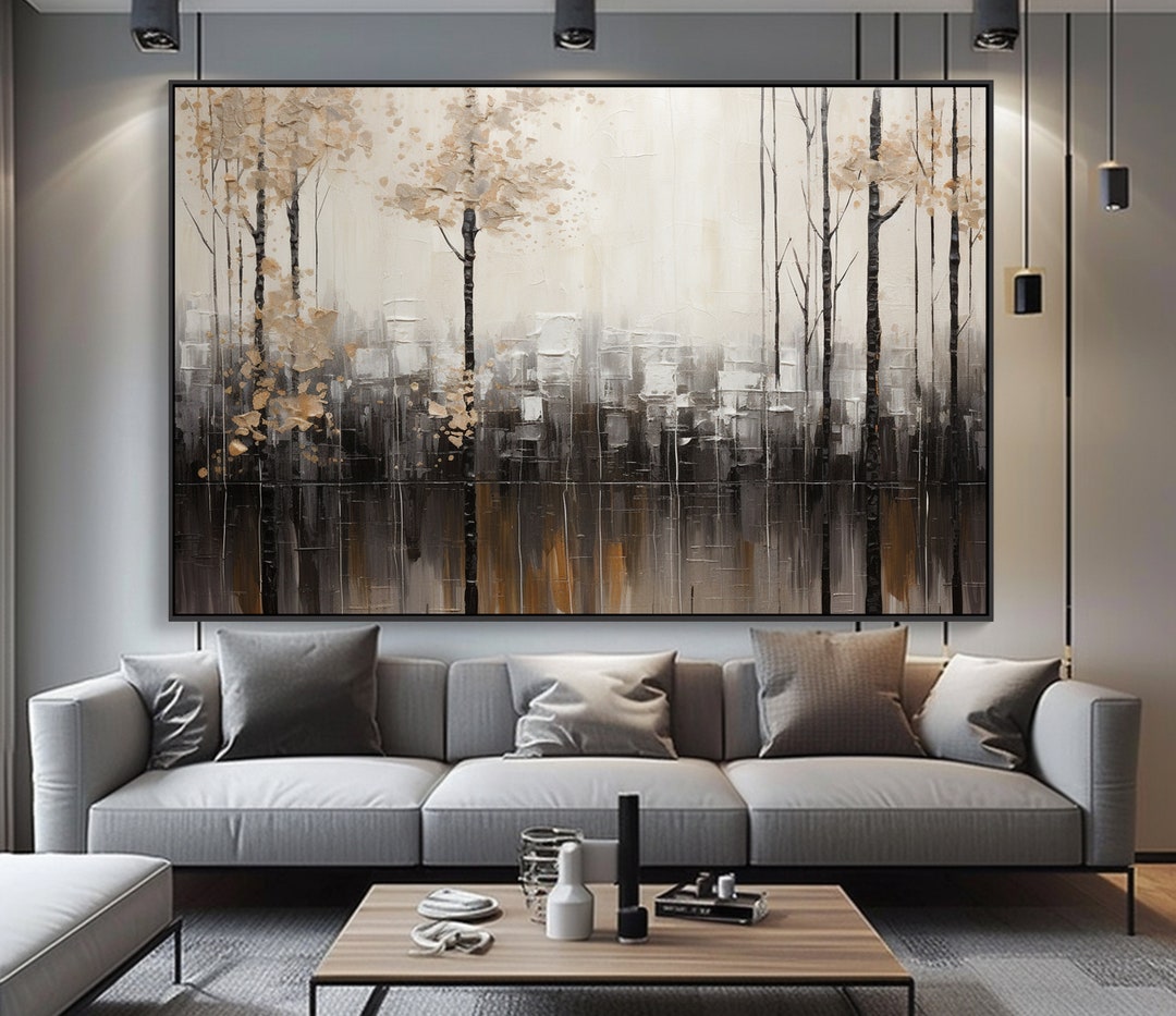 100% Abstract Forest Trees Oil Painting on Canvas, Textured Painting ...