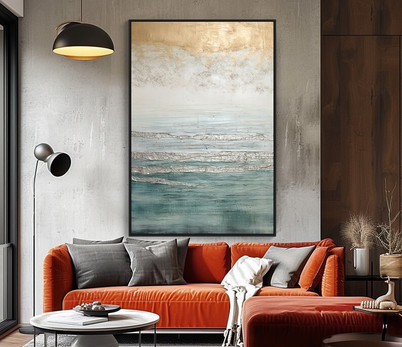 Abstract Sunset Sea View Art, Cloudy Sky With Golden Accents,acrylic ...