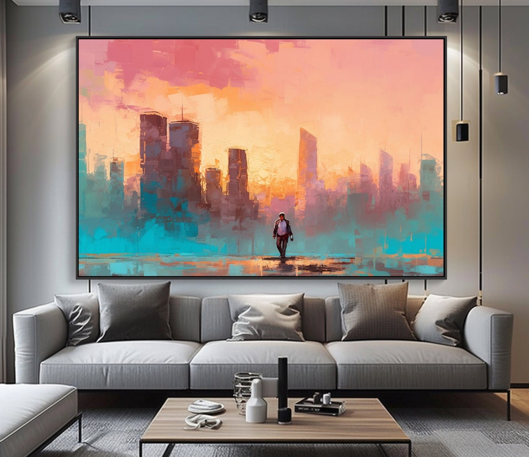 Abstract Colorful City Buildings Oil Painting on Canvas, Textured ...