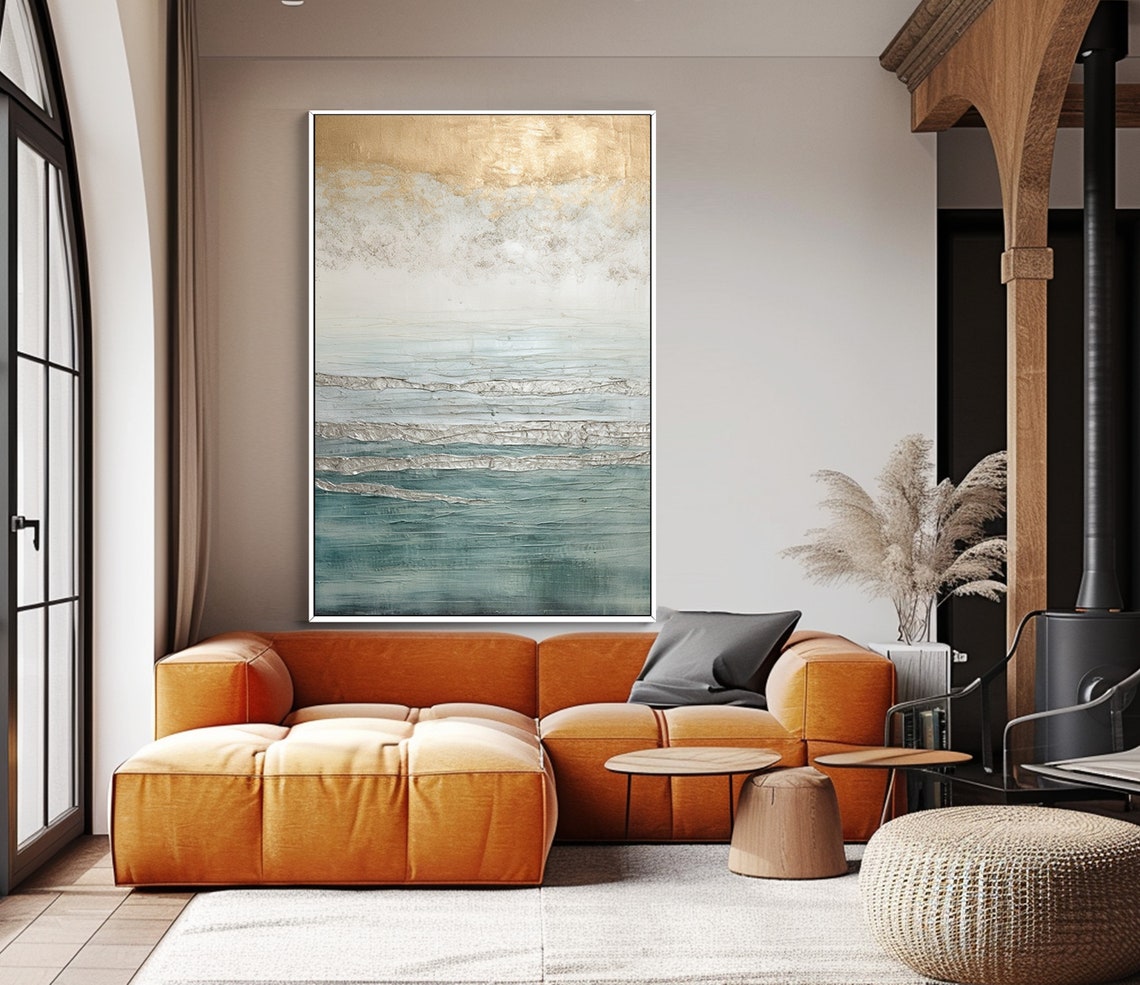 Abstract Sunset Sea View Art, Cloudy Sky With Golden Accents,acrylic ...