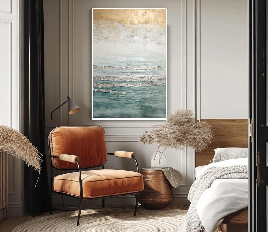 Abstract Sunset Sea View Art, Cloudy Sky With Golden Accents,acrylic ...