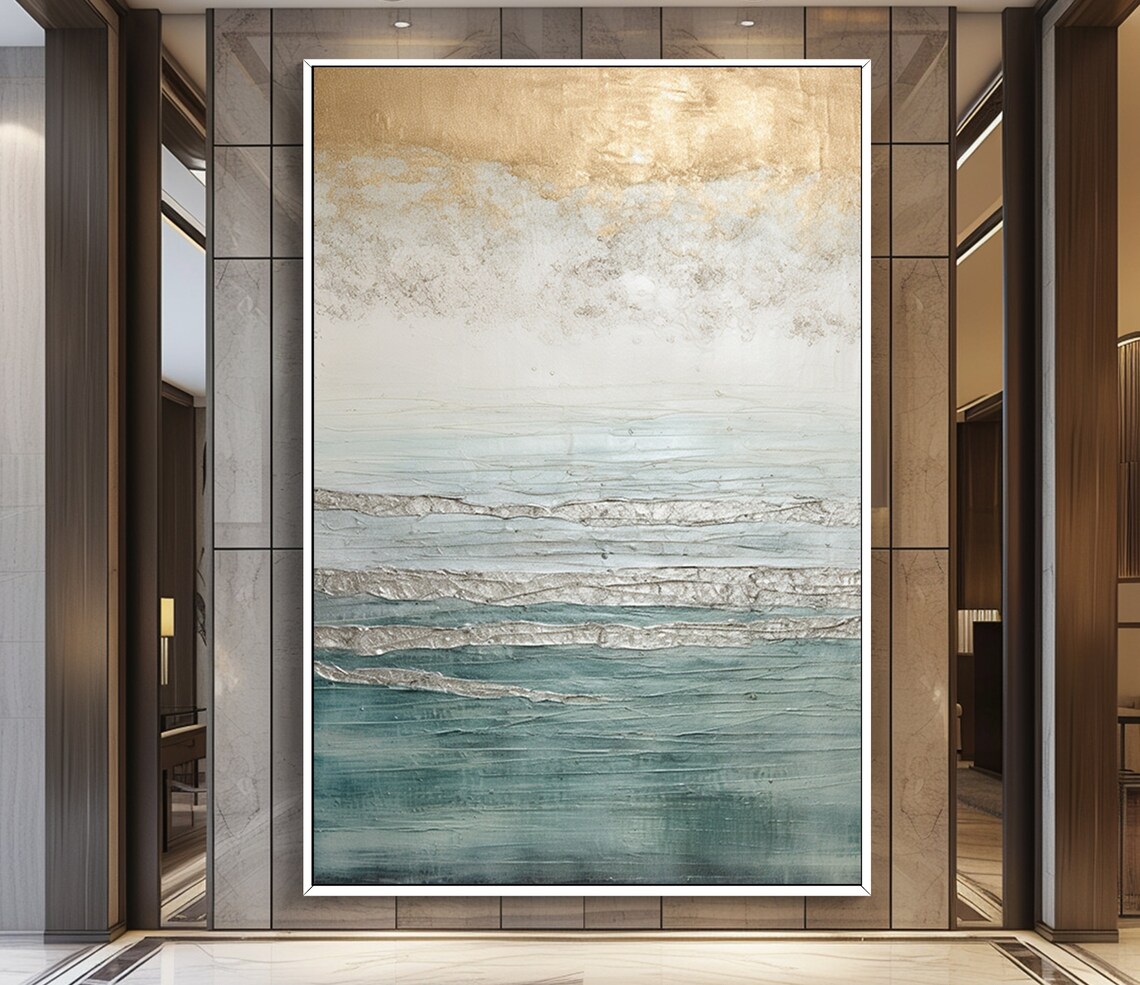 Abstract Sunset Sea View Art, Cloudy Sky With Golden Accents,acrylic ...