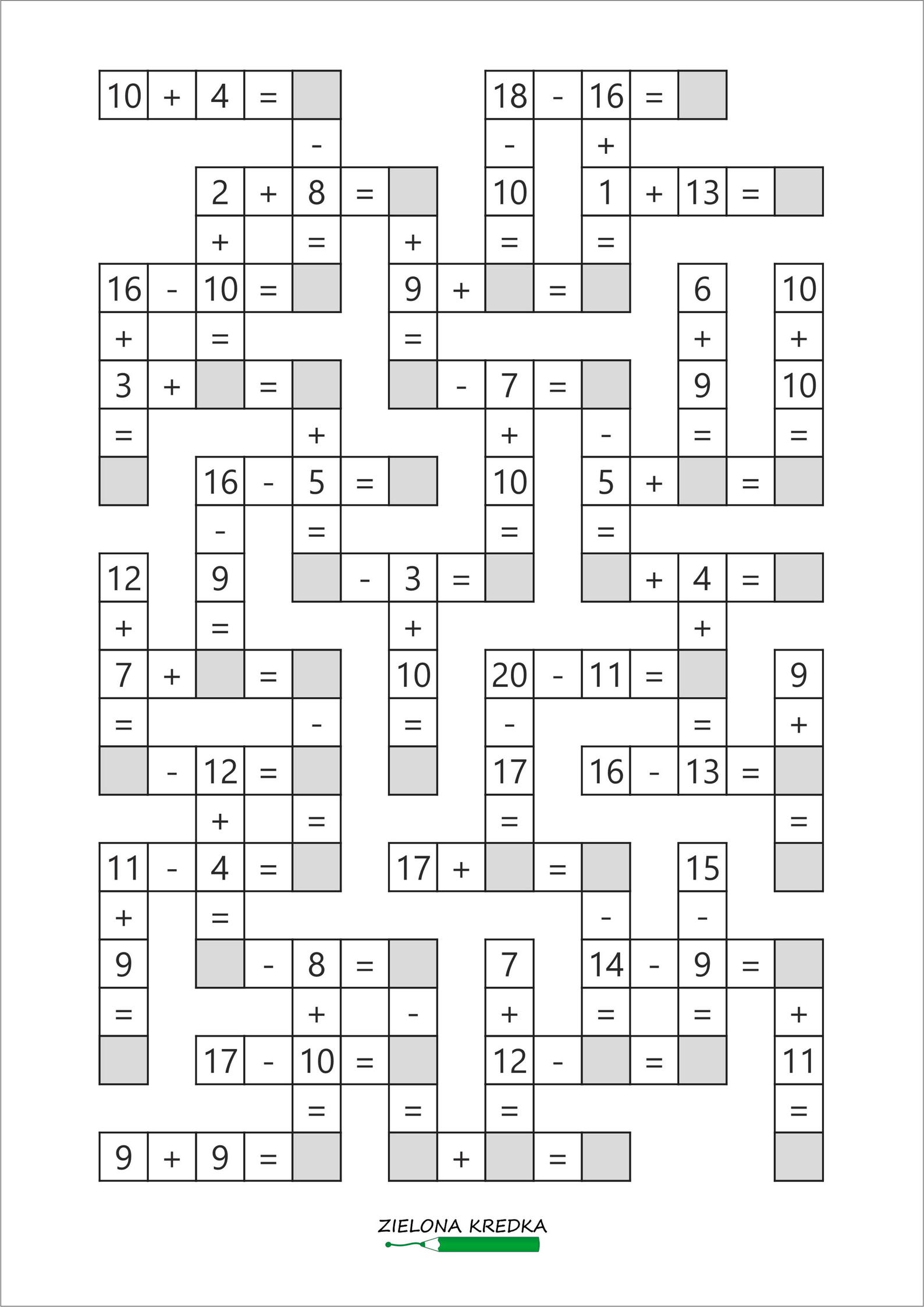 Math Crosswords, Addition and Subtraction Within 20, Printable Math ...