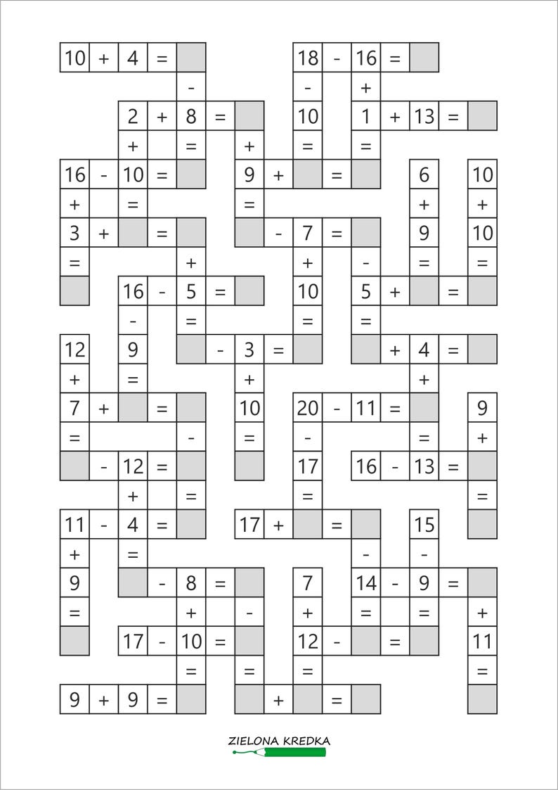 Math Crosswords, Addition and Subtraction Within 20, Printable Math ...