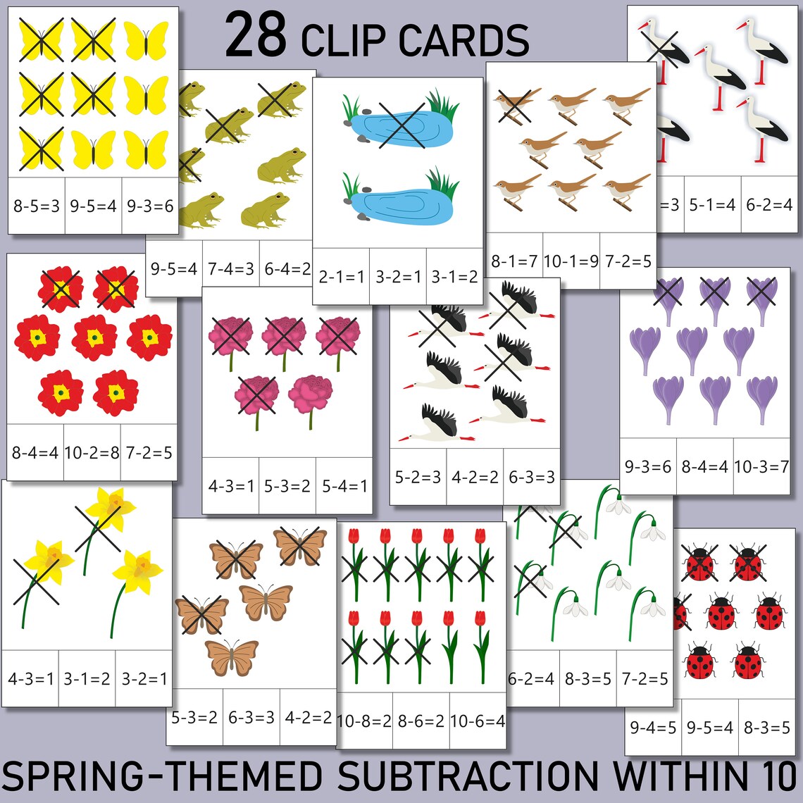 Spring Subtraction Clip Cards to 10: Math Activity (PDF Download) - Etsy