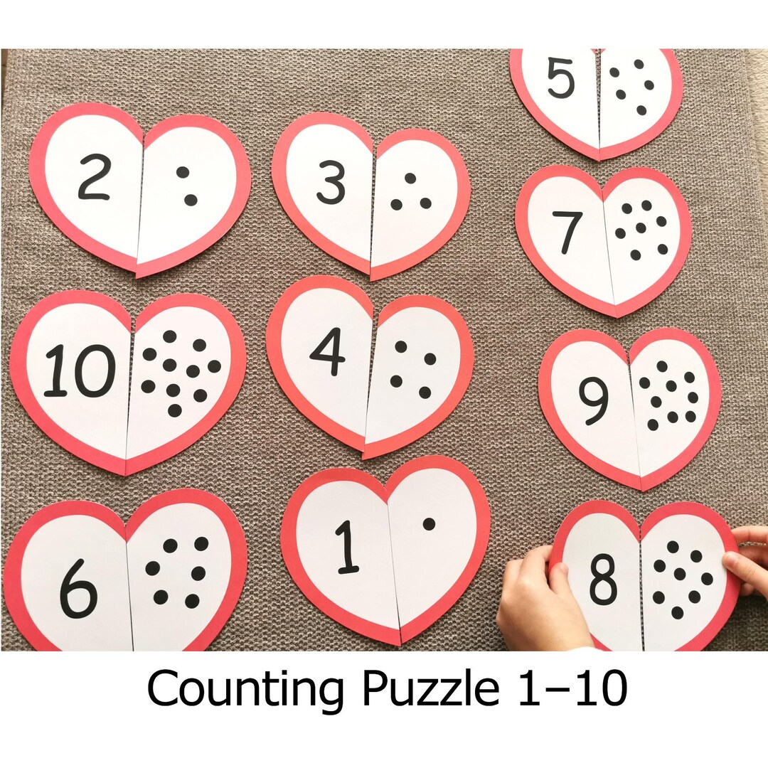 Rompecabezas de conteo de corazones del 1 al 10 / Juego de matemáticas ...