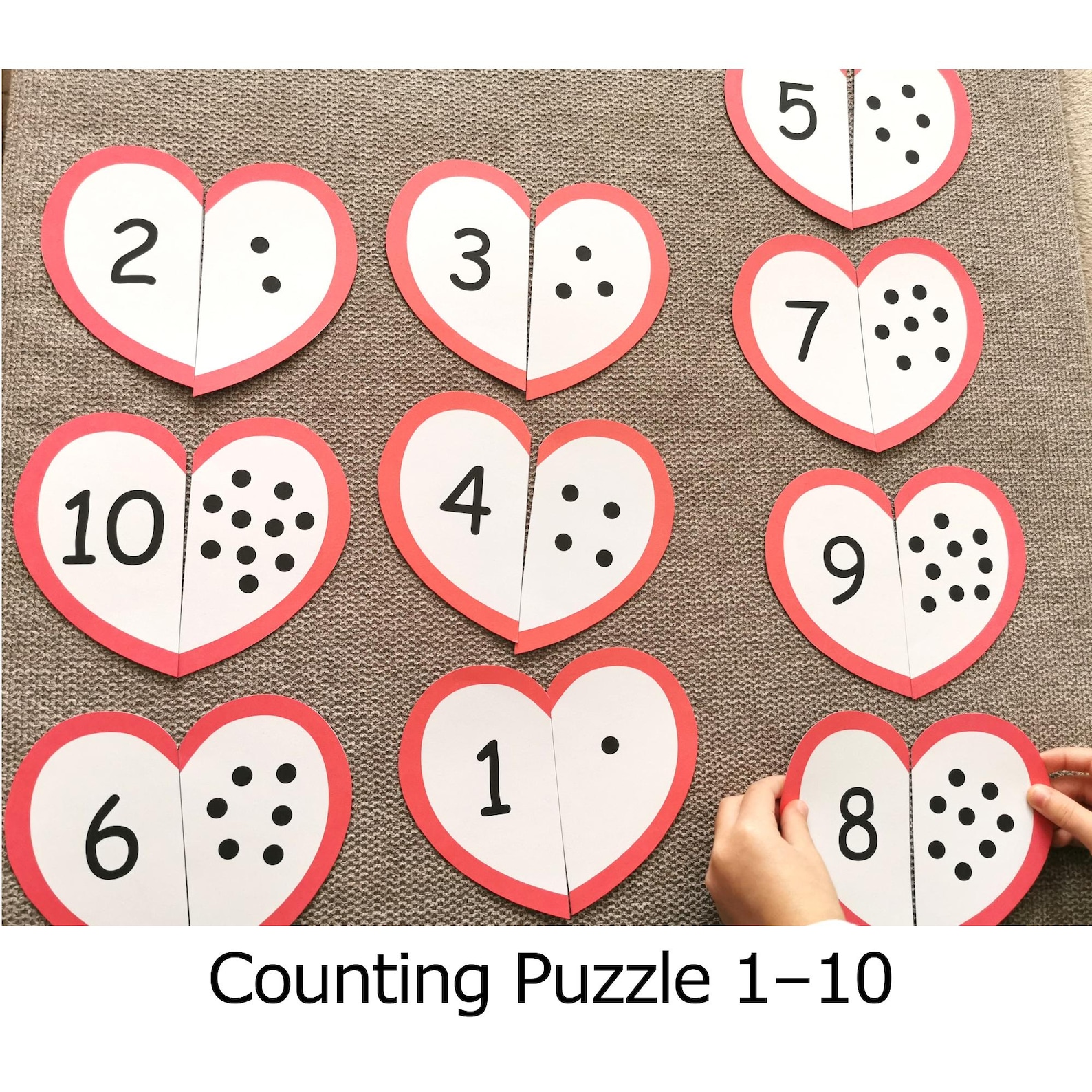 Rompecabezas de conteo de corazones del 1 al 10 / Juego de matemáticas ...