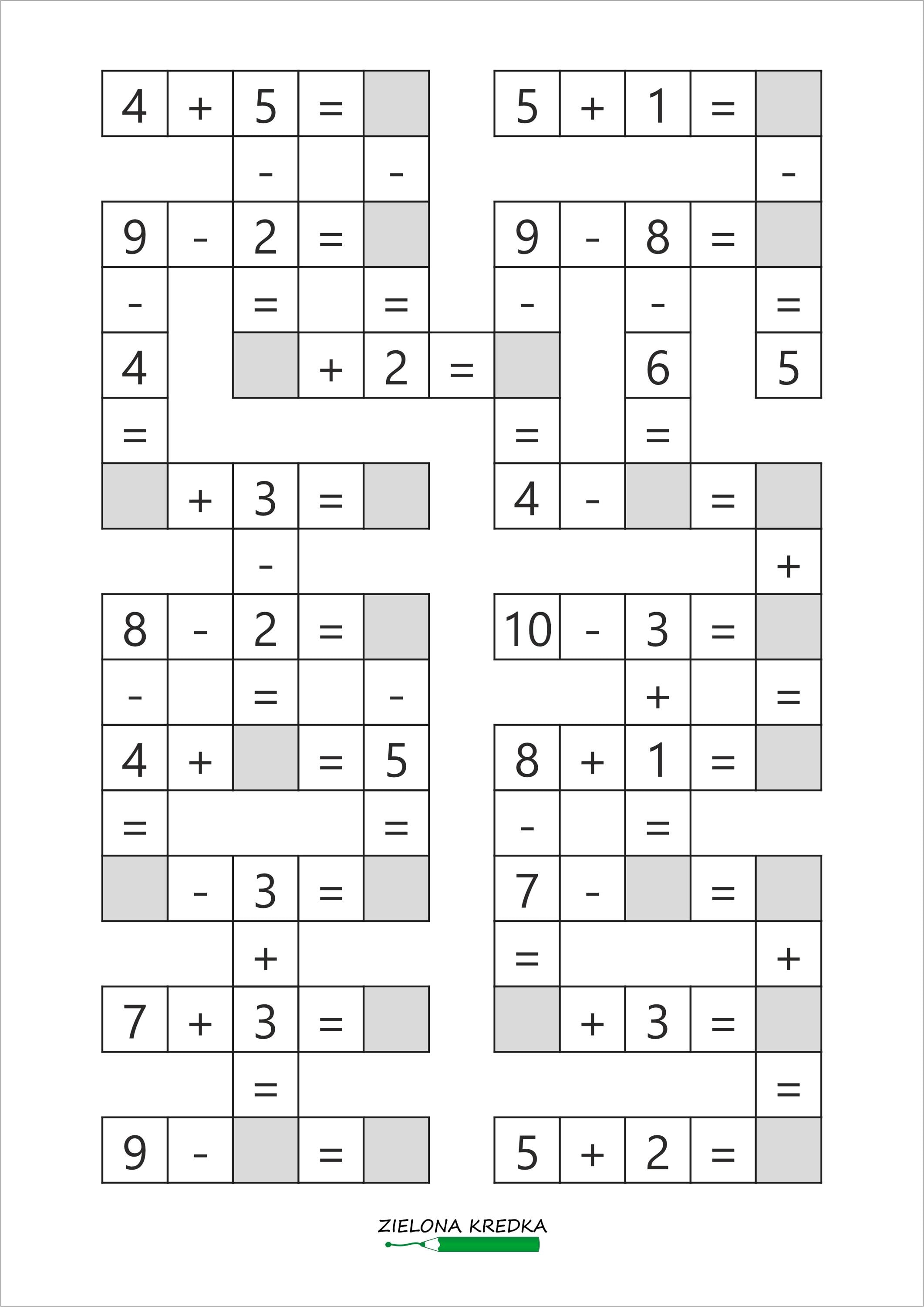Math Crosswords: Addition & Subtraction Within 10 | Printable Puzzles ...