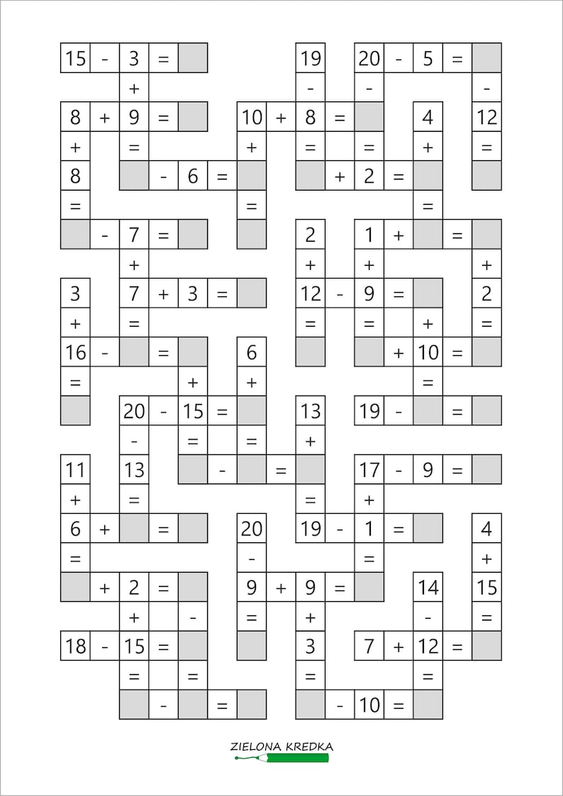 Math Crosswords, Addition and Subtraction Within 20, Printable Math ...