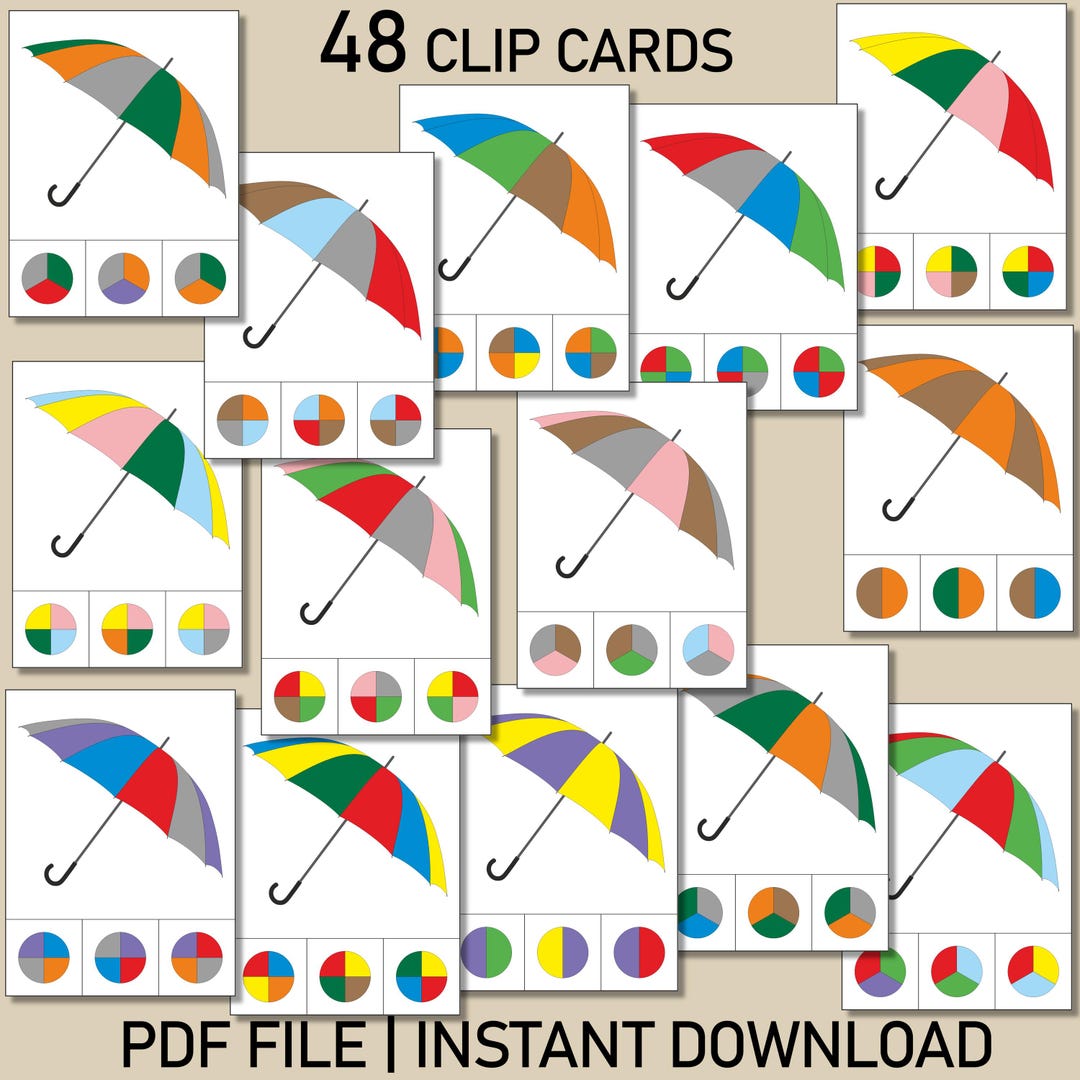 Umbrellas Colors Clip Cards, Printable Activity for Kids, Color ...
