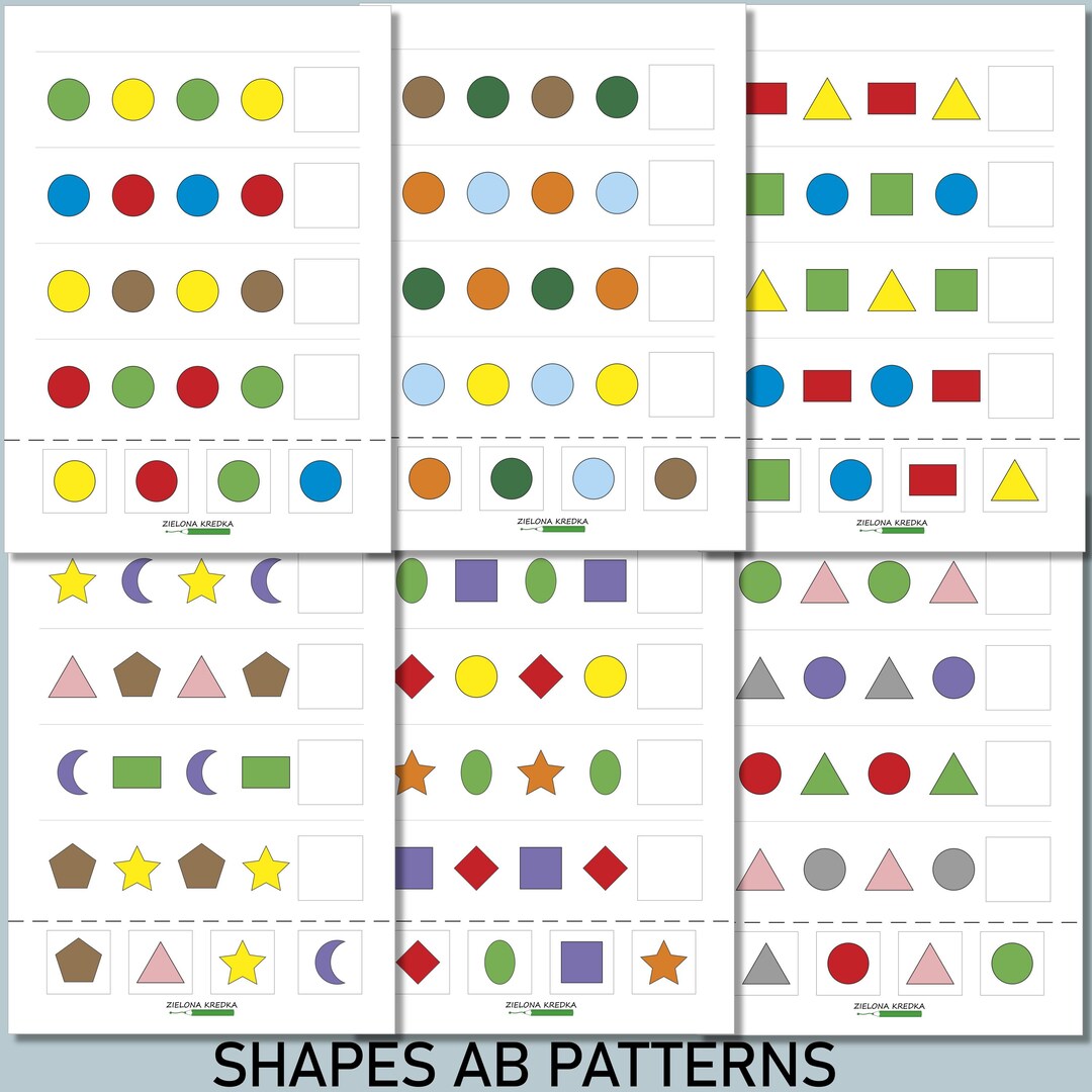 Shapes AB Patterns, Printable Worksheets Set, Kids Learning Activity ...