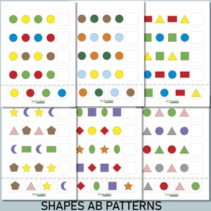 Shapes AB Patterns, Printable Worksheets Set, Kids Learning Activity ...
