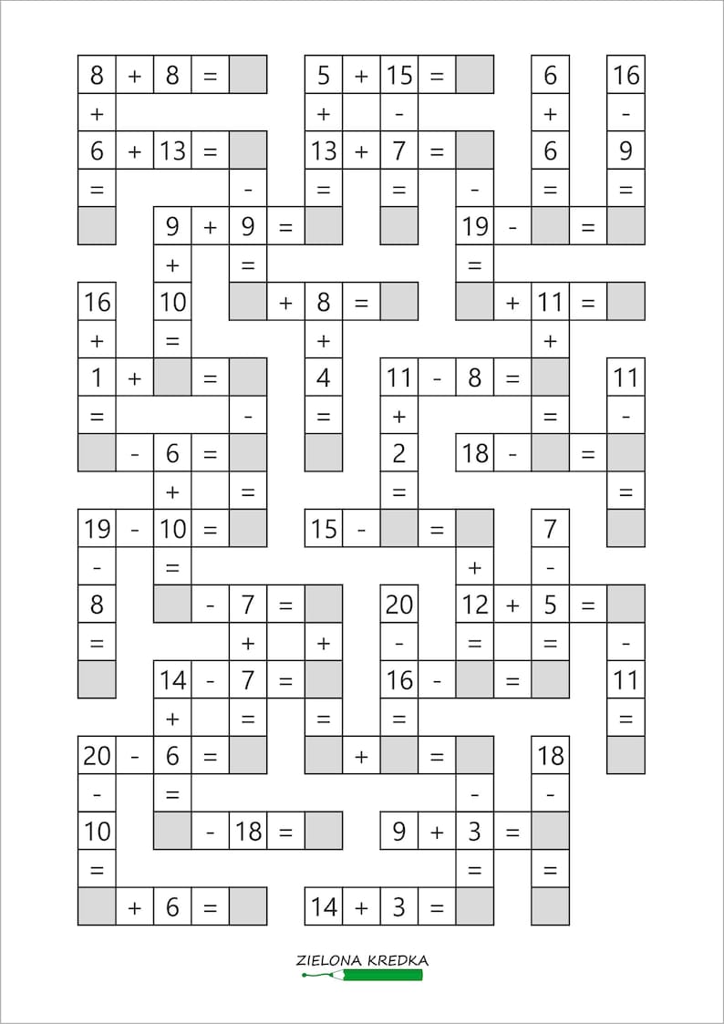 Math Crosswords, Addition and Subtraction Within 20, Printable Math ...