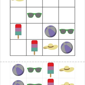 Summer Sudoku 4x4, Picture Sudoku for Kids, Printable Summer Activity ...