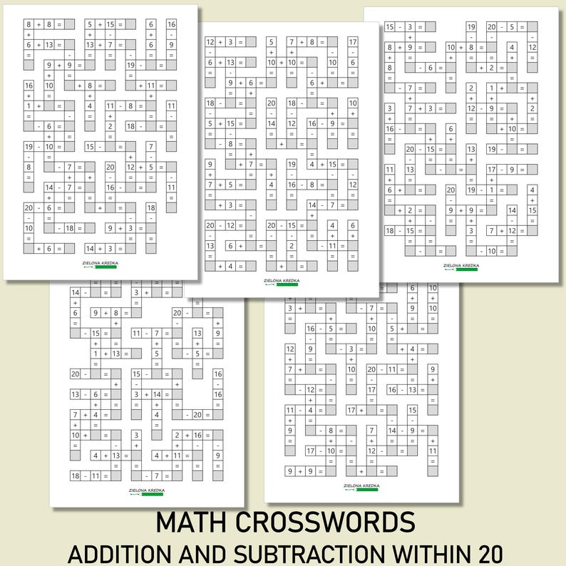 Math Crosswords, Addition and Subtraction Within 20, Printable Math ...