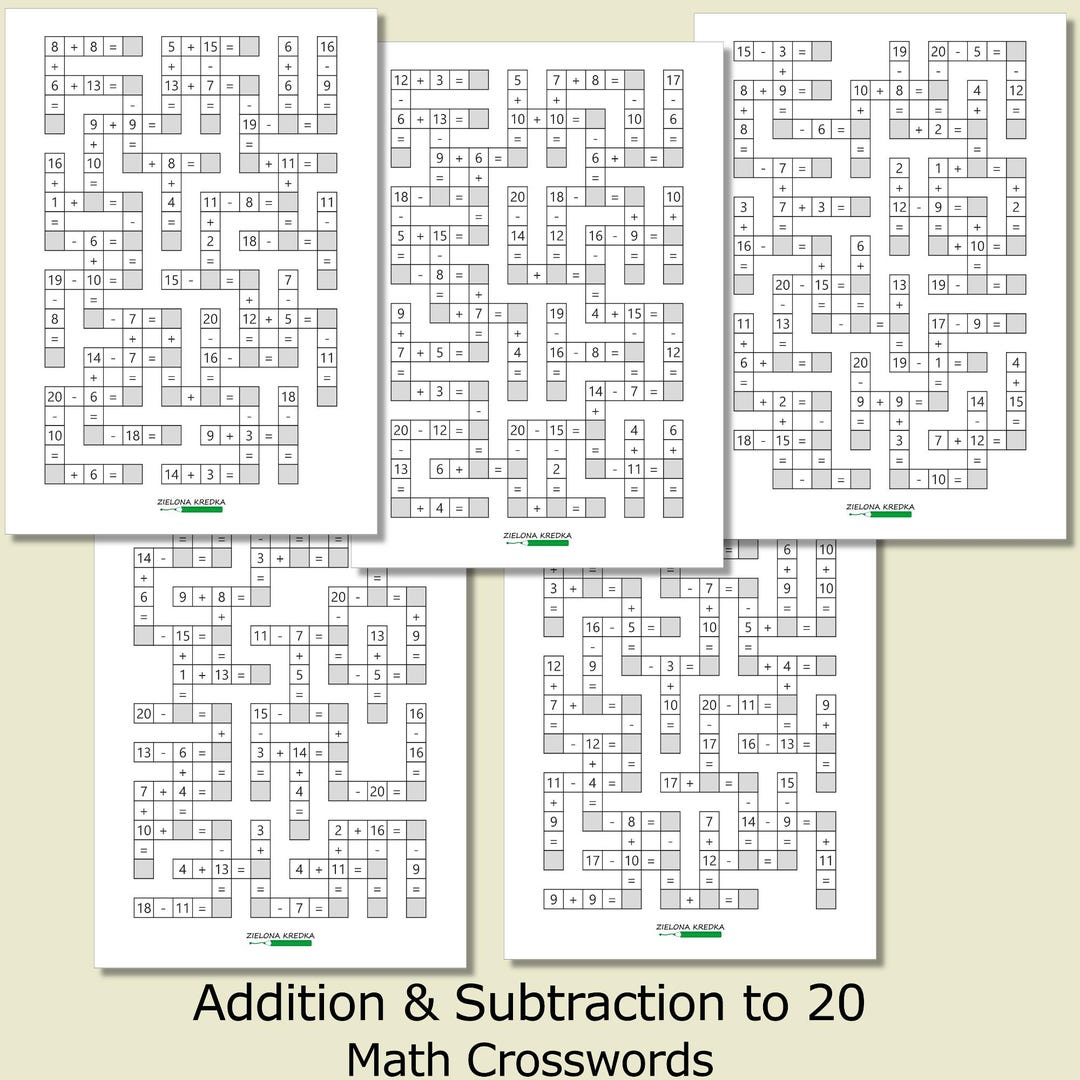 Addition & Subtraction to 20 Worksheets | Math Crosswords for First ...