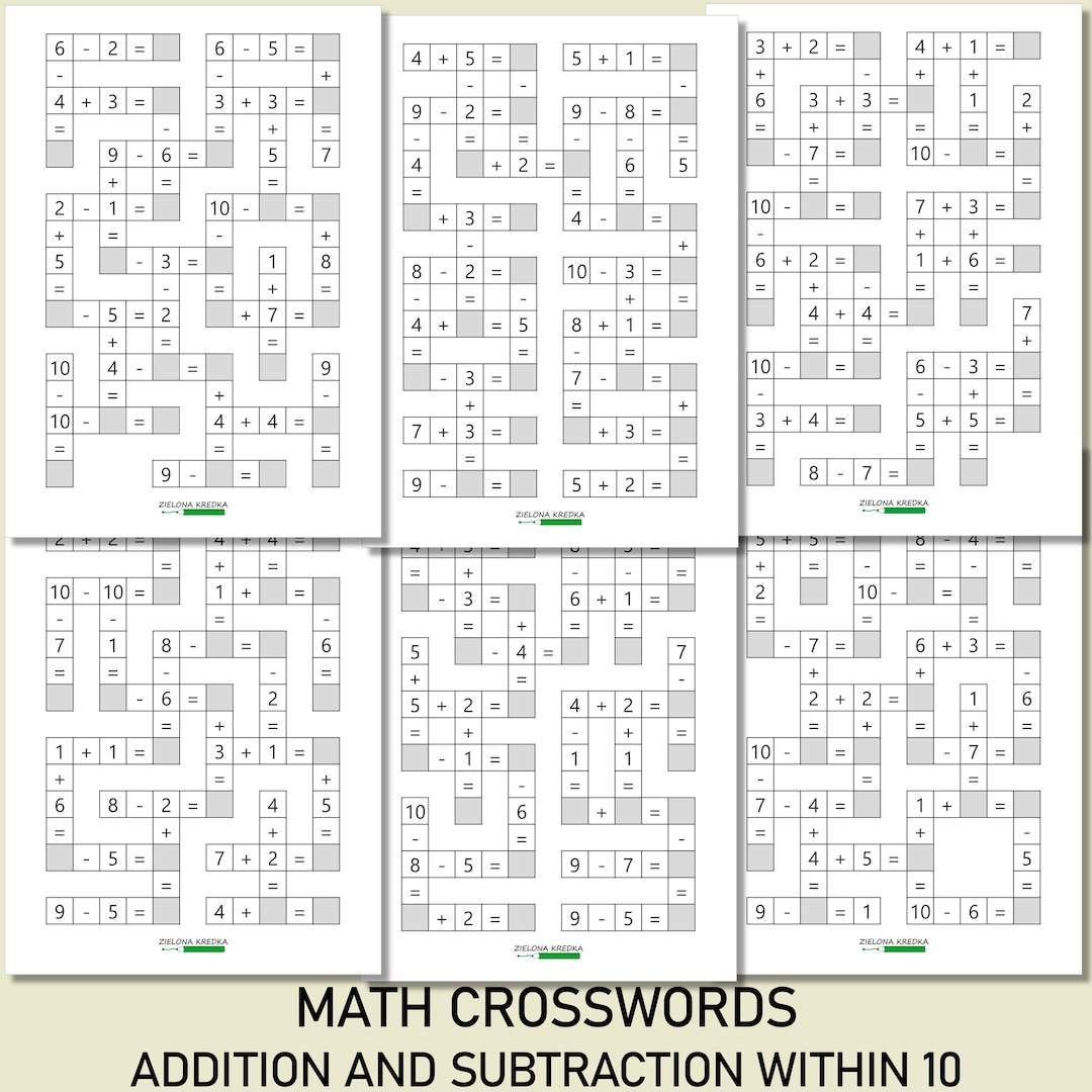 Math Crosswords, Addition and Subtraction Within 10, Simple Math ...