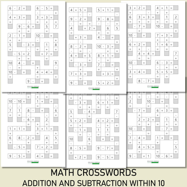 Math Crosswords: Addition & Subtraction Within 10 | Printable Puzzles ...