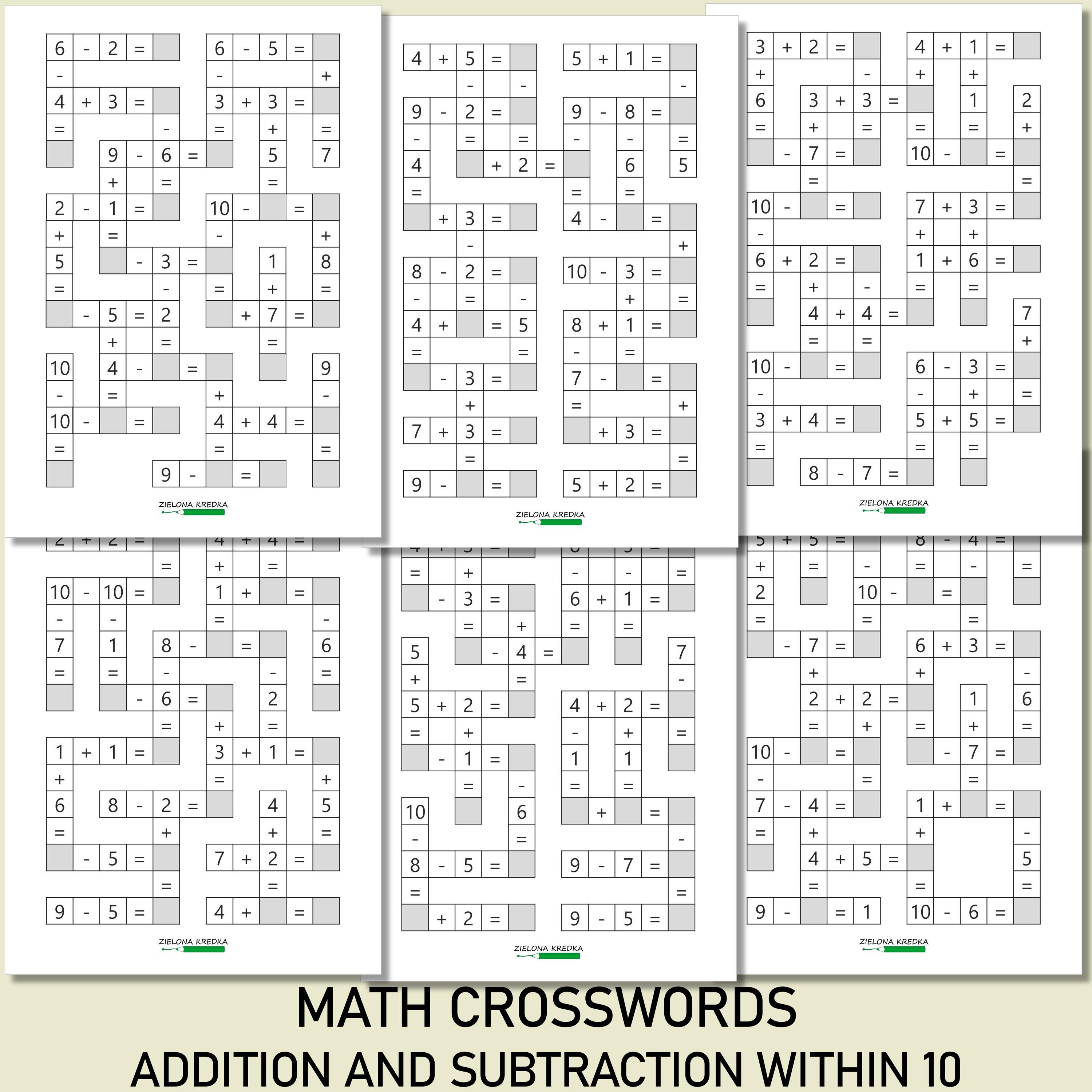 Math Crosswords: Addition & Subtraction Within 10 | Printable Puzzles ...