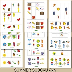 Summer Sudoku 4x4, Picture Sudoku for Kids, Printable Summer Activity ...