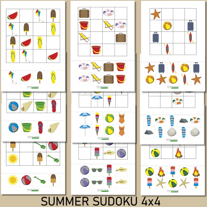 Summer Sudoku 4x4 Picture Sudoku for Kids, Logical Thinking Training ...