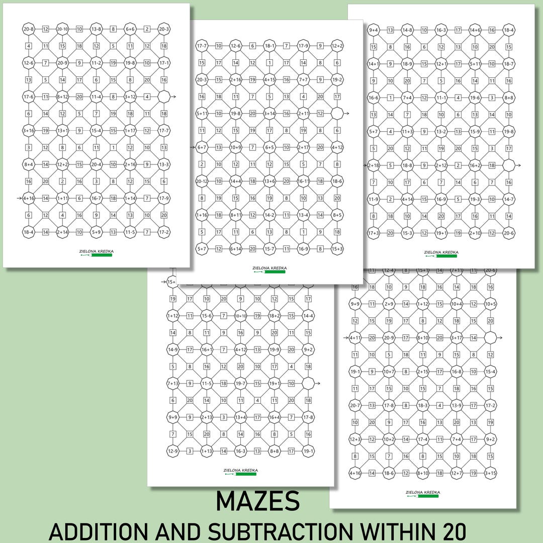 Mazes, Addition and Subtraction Within 20, Printable Math Worksheets ...