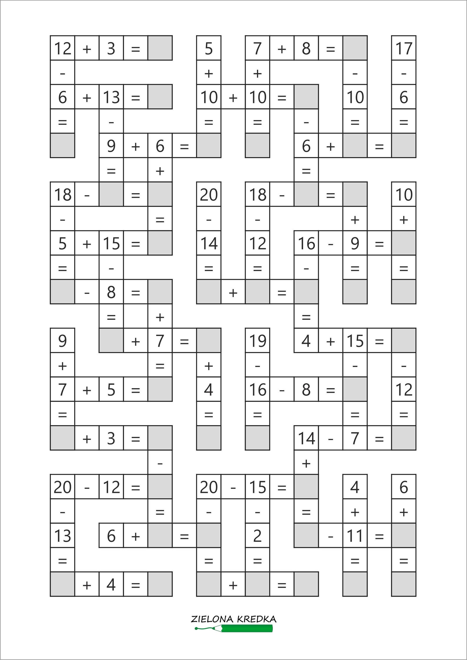 Math Crosswords, Addition and Subtraction Within 20, Printable Math ...