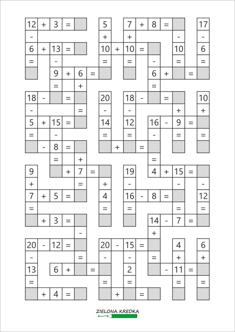 Math Crosswords, Addition and Subtraction Within 20, Printable Math ...