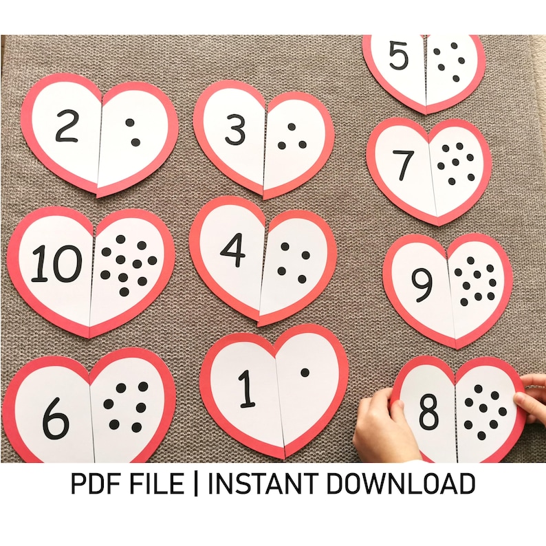 Hearts Math Puzzle, Printable Activity for Kids, Numbers 1-10, Counting ...