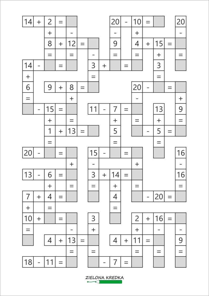 Math Crosswords, Addition and Subtraction Within 20, Printable Math ...
