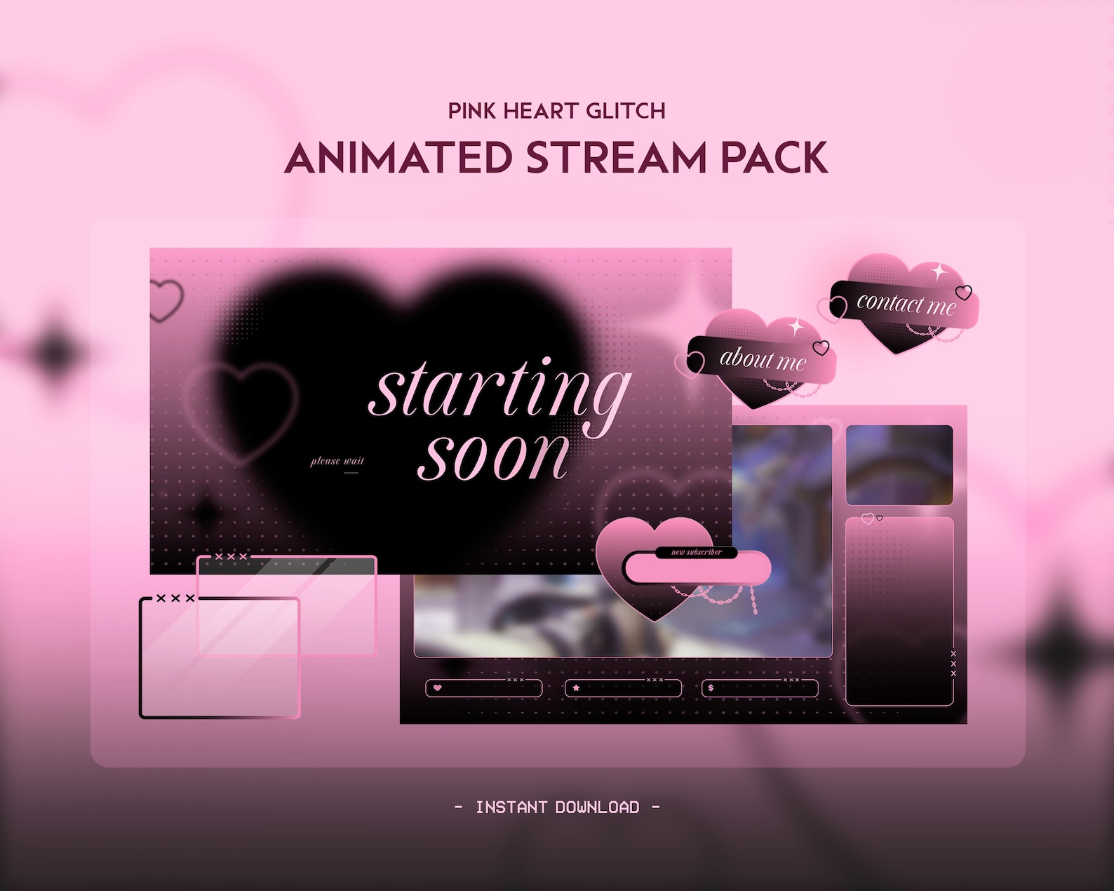 Heart Glitch Animated Stream Pack | Cyber Punk Grunge | Dark Pink ...