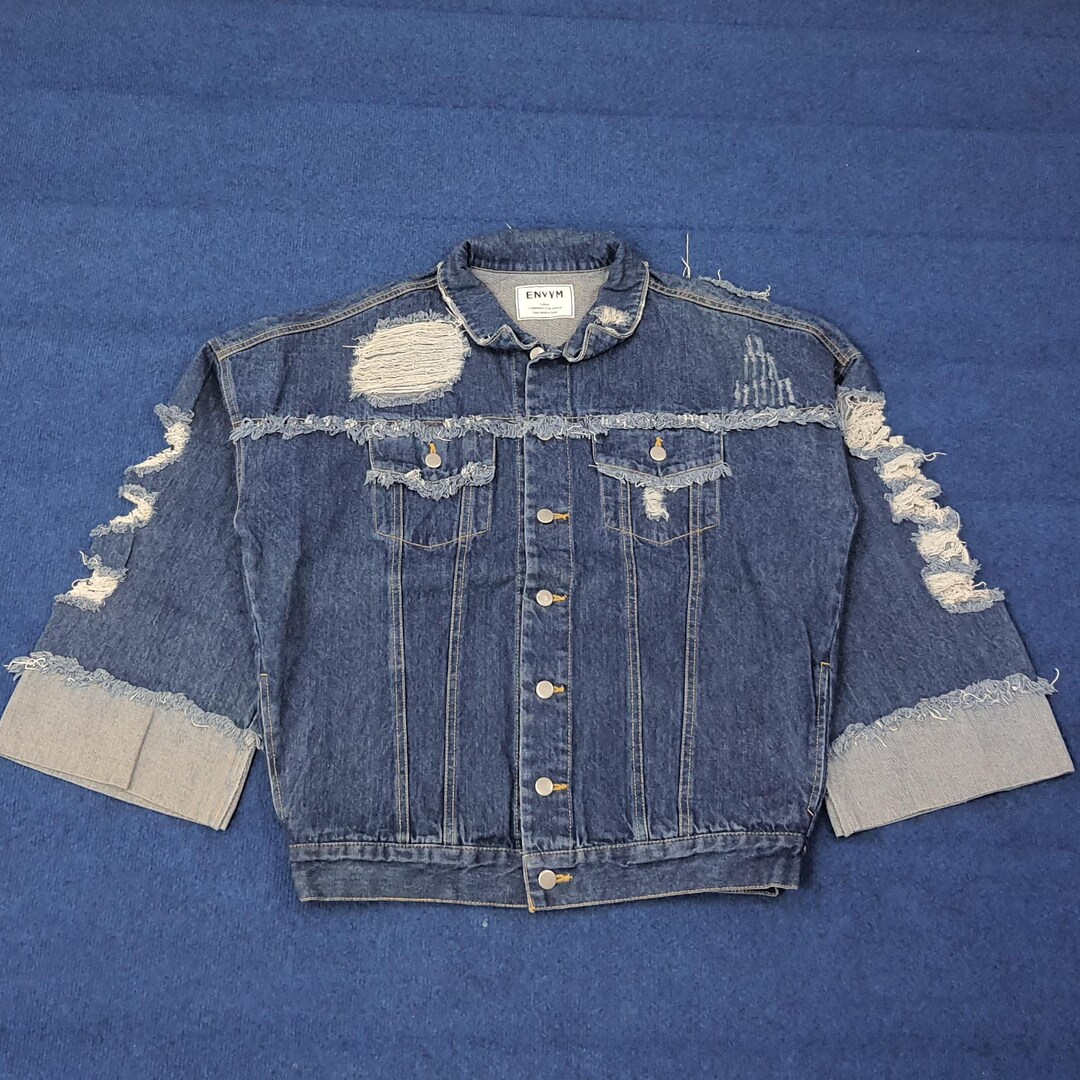 Vintage Distressed Denim Jacket Ripped 3/4 Sleeve Harajuku Grunge Jeans ...
