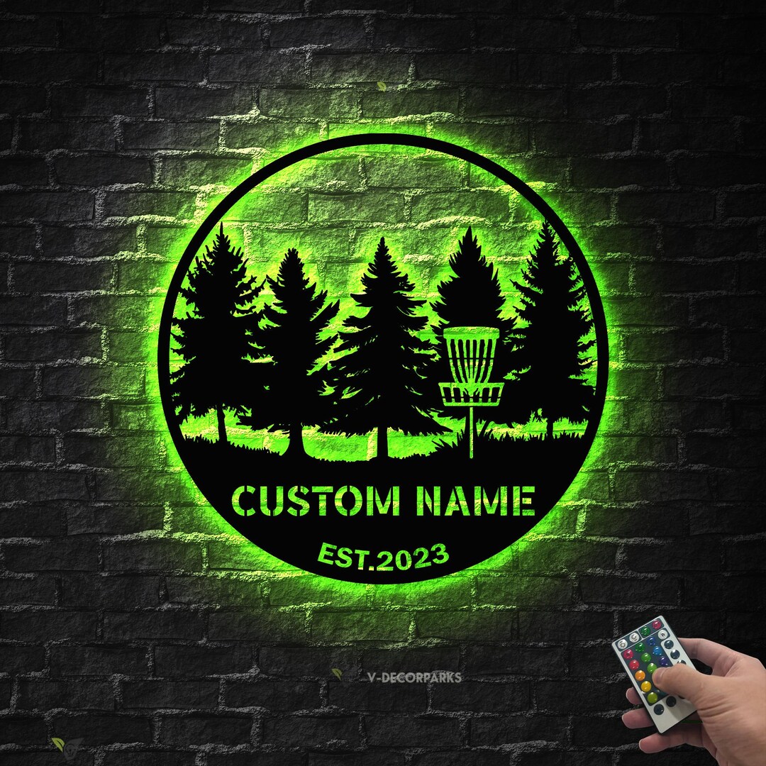Custom Disc Golf Player Metal Wall Art LED Light, Personalized Disc ...