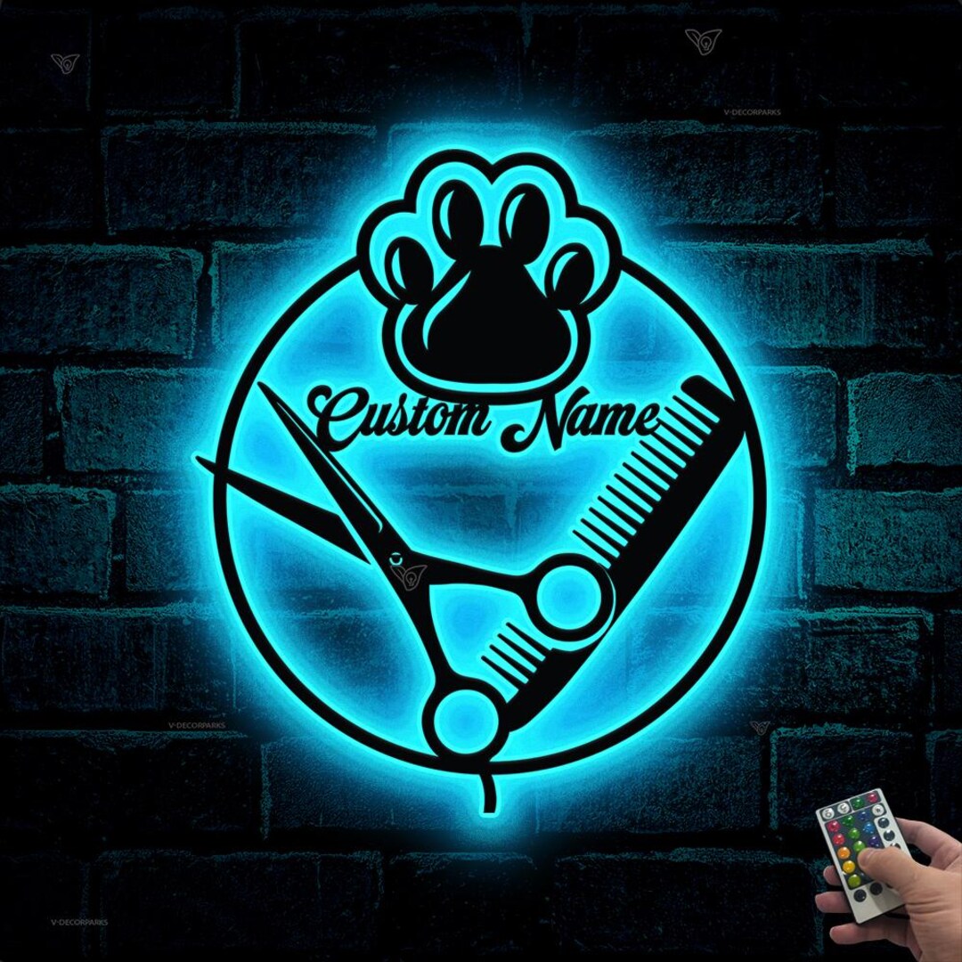 Custom Dog Grooming Hair Salon Metal Wall Art LED Lights Personalized ...