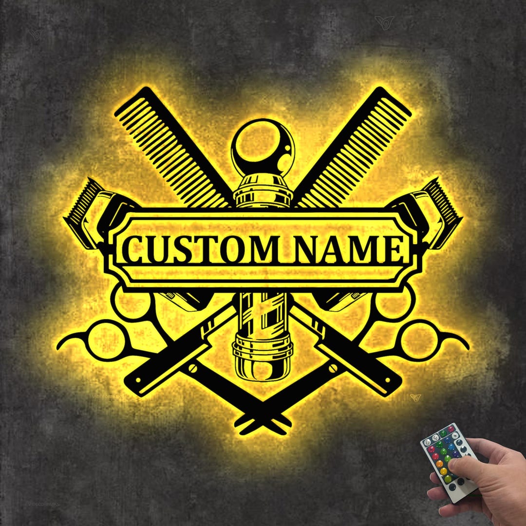 Custom Barber Shop Metal Sign LED Light, Custom Barber Shop Name Metal ...