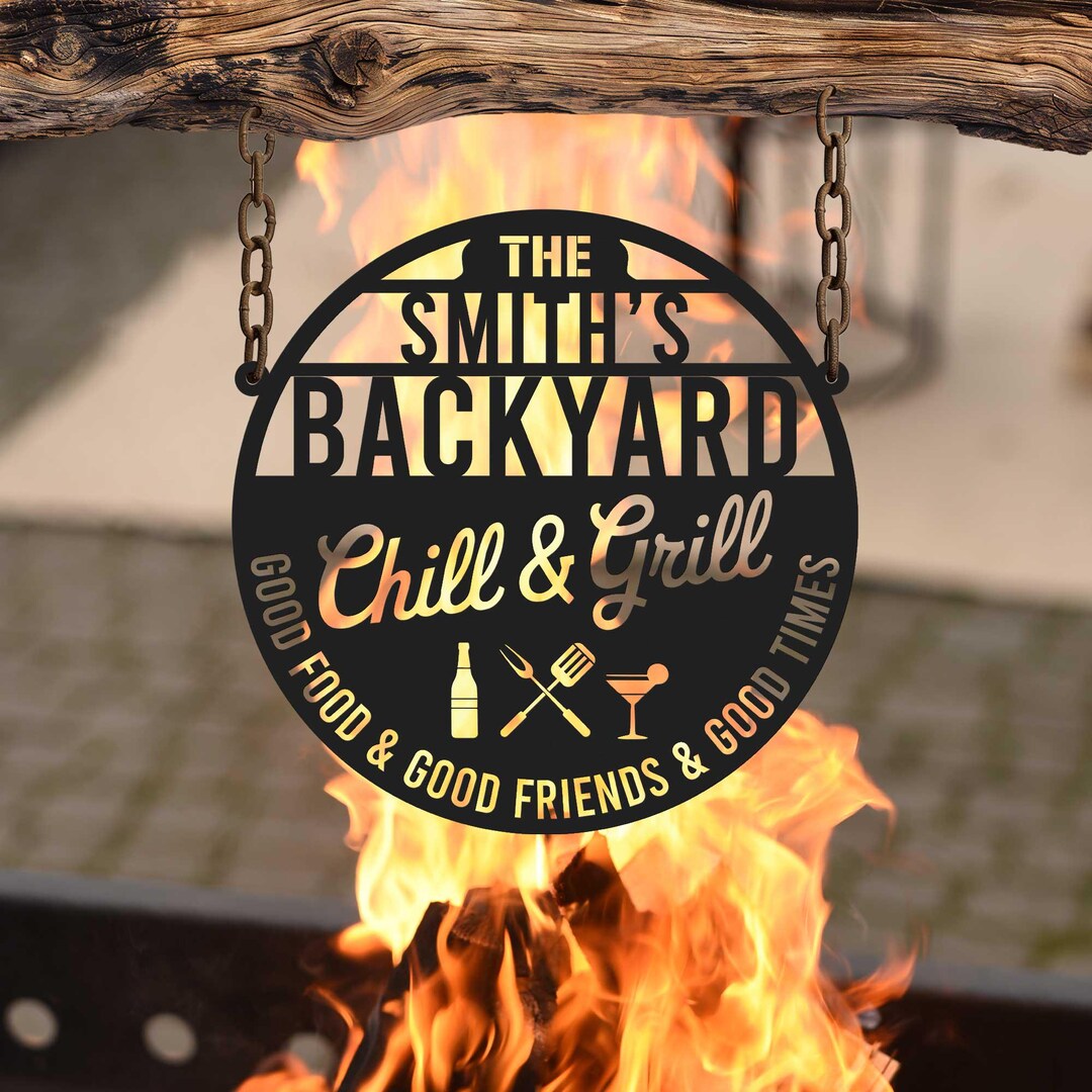 Personalized Bar & Grill Metal Sign Wall Art, Custom Backyard Chill and ...