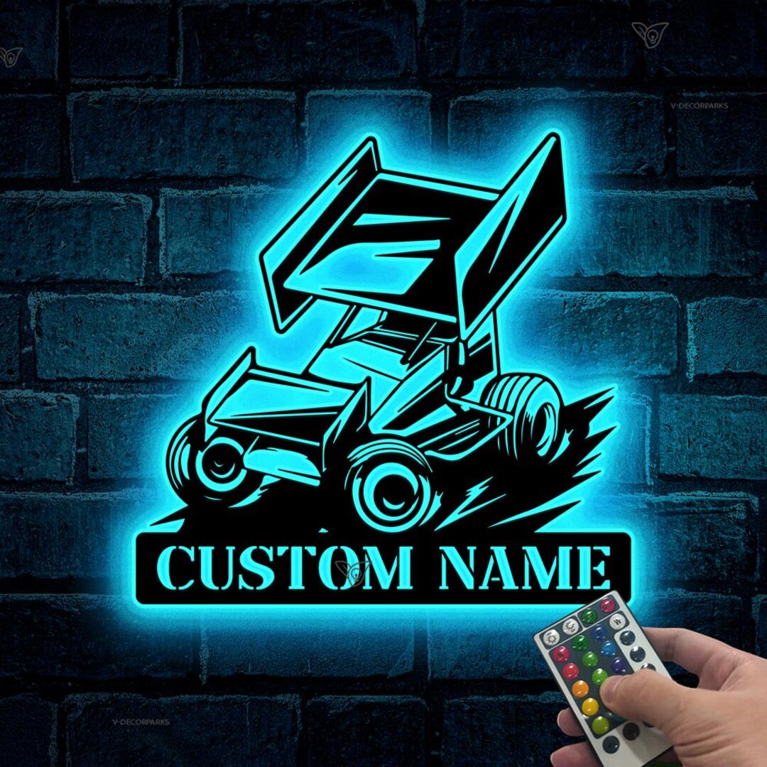 Personalized Sprint Car Metal Wall Art LED Lights, Custom Racer Name ...