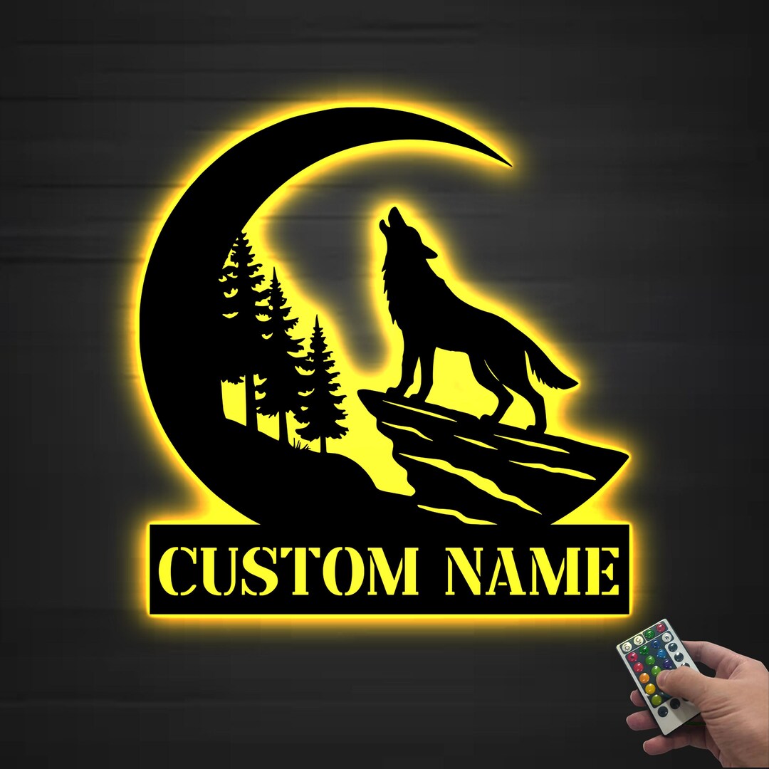 Custom Wolf on the Moon Metal Wall Art LED Lights Howling Wolf Sign ...