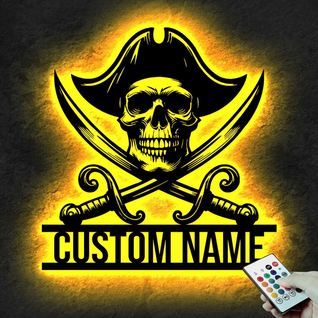 Personalized Pirate Skull and Swords Metal Sign With LED Light, Wall ...