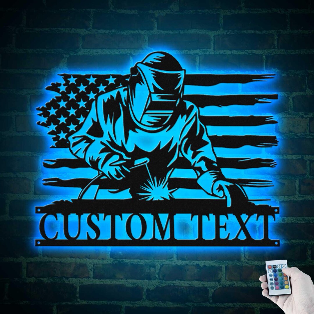 Custom Welding US Flag Metal Wall Art LED Light, Personalized Welder Name Sign Home Decor ...