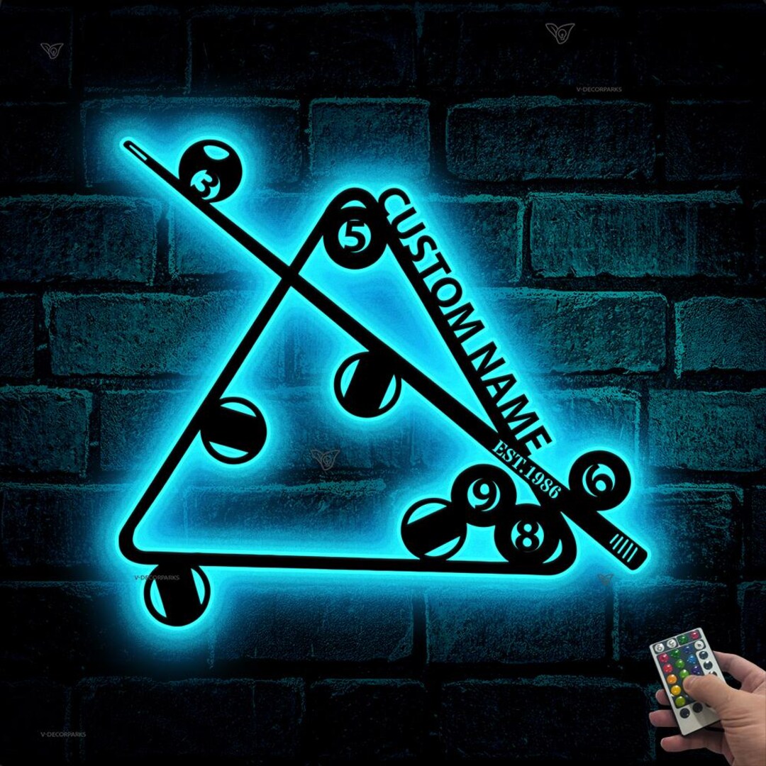 Personalized Billiards Metal Wall Art With LED Light Custom Snooker ...