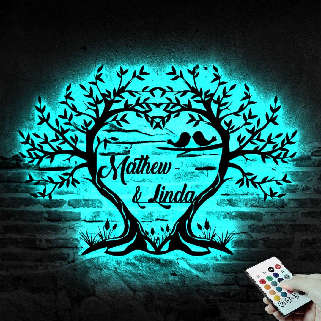 Personalized Unique Tree Heart & Names Metal Wall Art Led Light, Tree ...