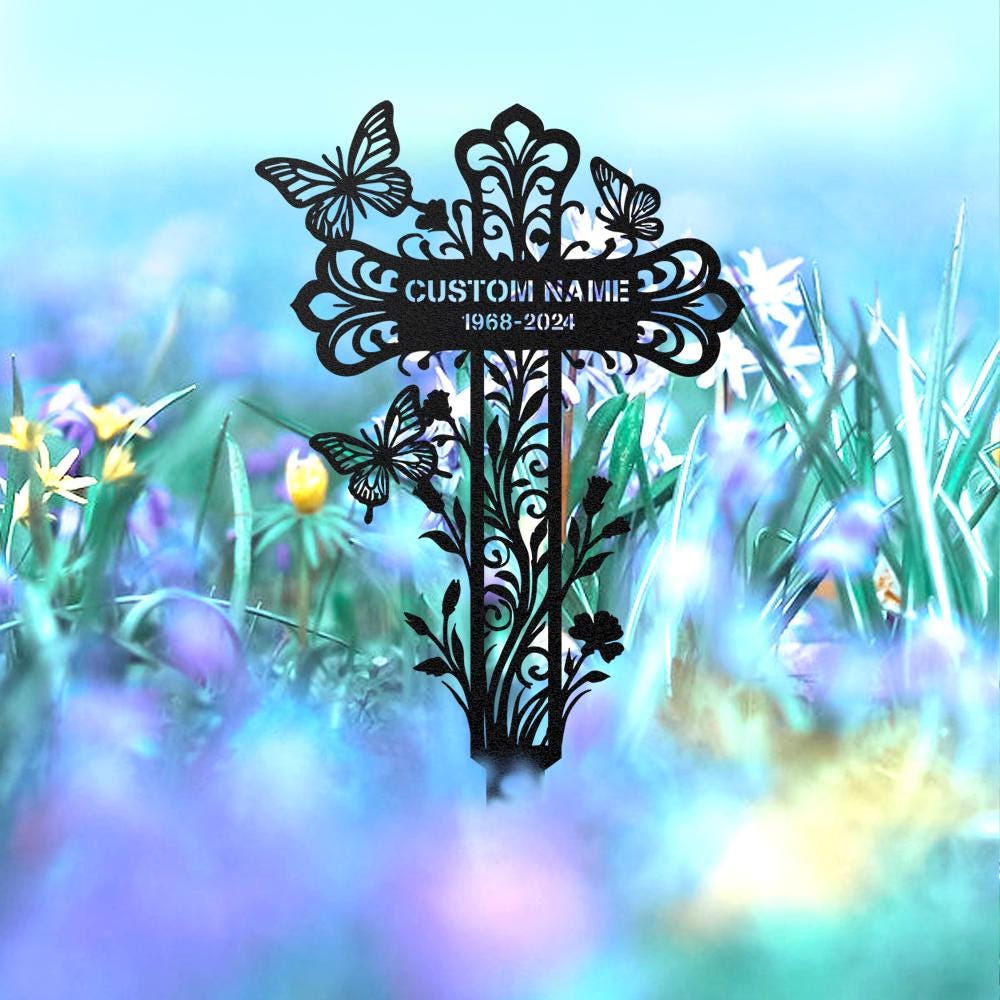 Personalized Butterfly Cross Memorial Stake Plaque, Metal Cross With ...