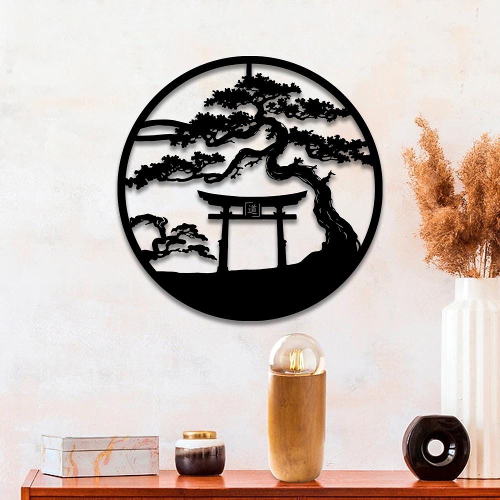 Japanese Torii Gate Metal Wall Art, Bonsai Tree Metal Wall Decor, Asia ...