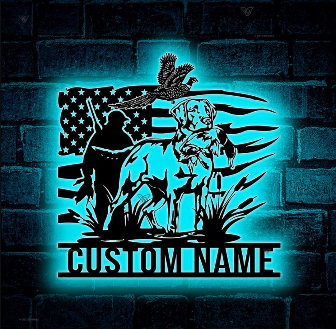 Pheasant Custom Black Lab Dog Hunting US Flag Metal Wall Art LED Light ...