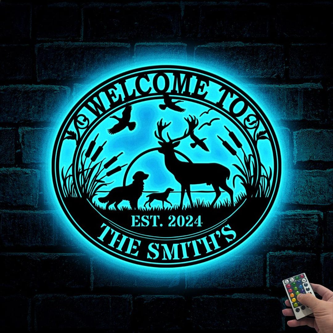 Custom Name Hunting Cabin Metal LED Sign, Personalized Deer Duck Turkey ...