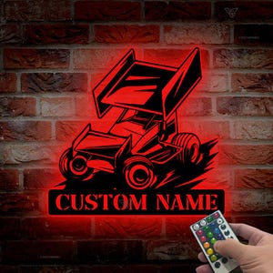 Personalized Sprint Car Metal Wall Art LED Lights, Custom Racer Name ...
