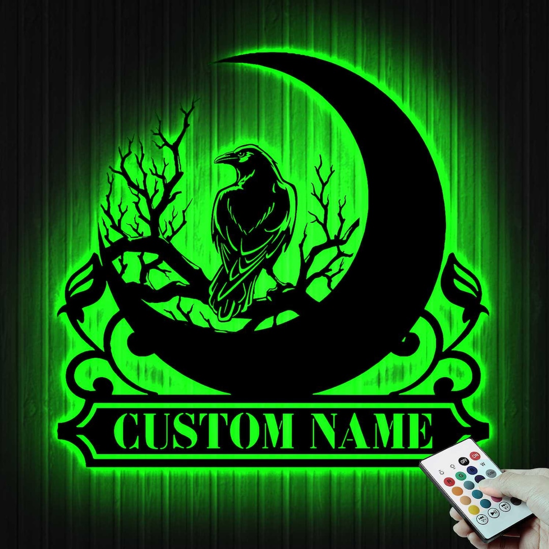 Custom Raven on the Moon Metal Wall Art Led Light, Raven Metal Sign ...
