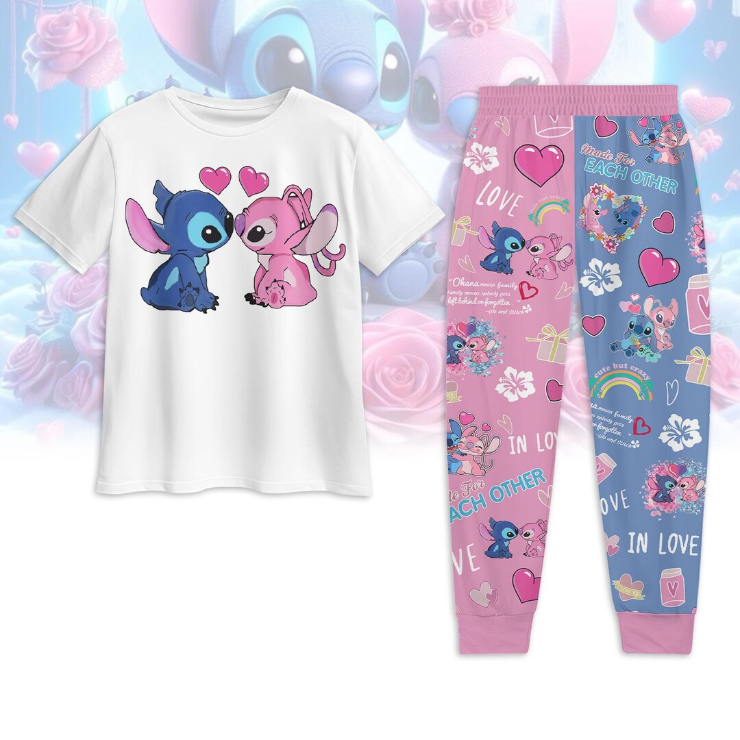 Stitch and Angel Couple T-shirt Pants Pajamas, Valentine Pajamas Set ...