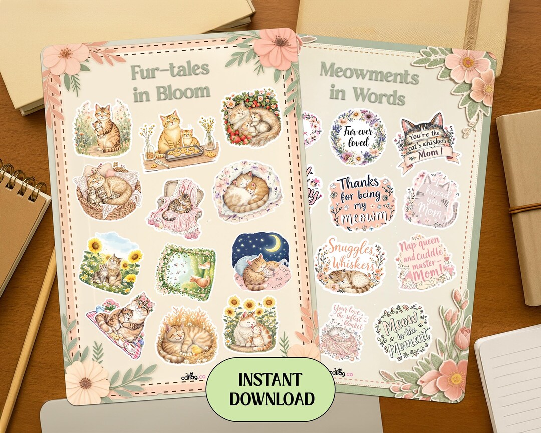 Mother’s Day Cat Sticker Pack | 24 Cute Stickers With Florals & Sweet ...
